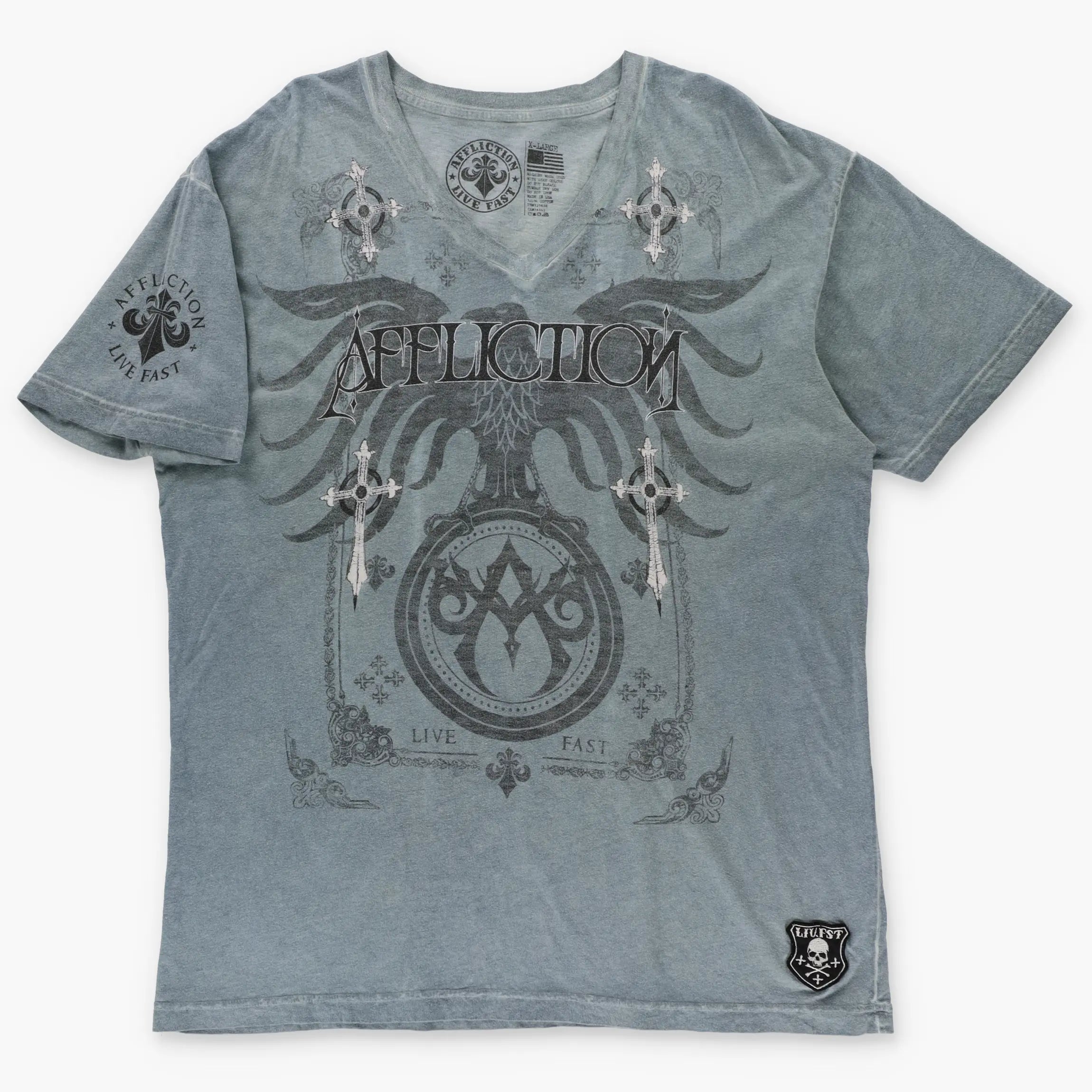 AFFLICTION Pale Blue "Live Fast" Skull & Crossbones Patch V-Neck Tee U ...